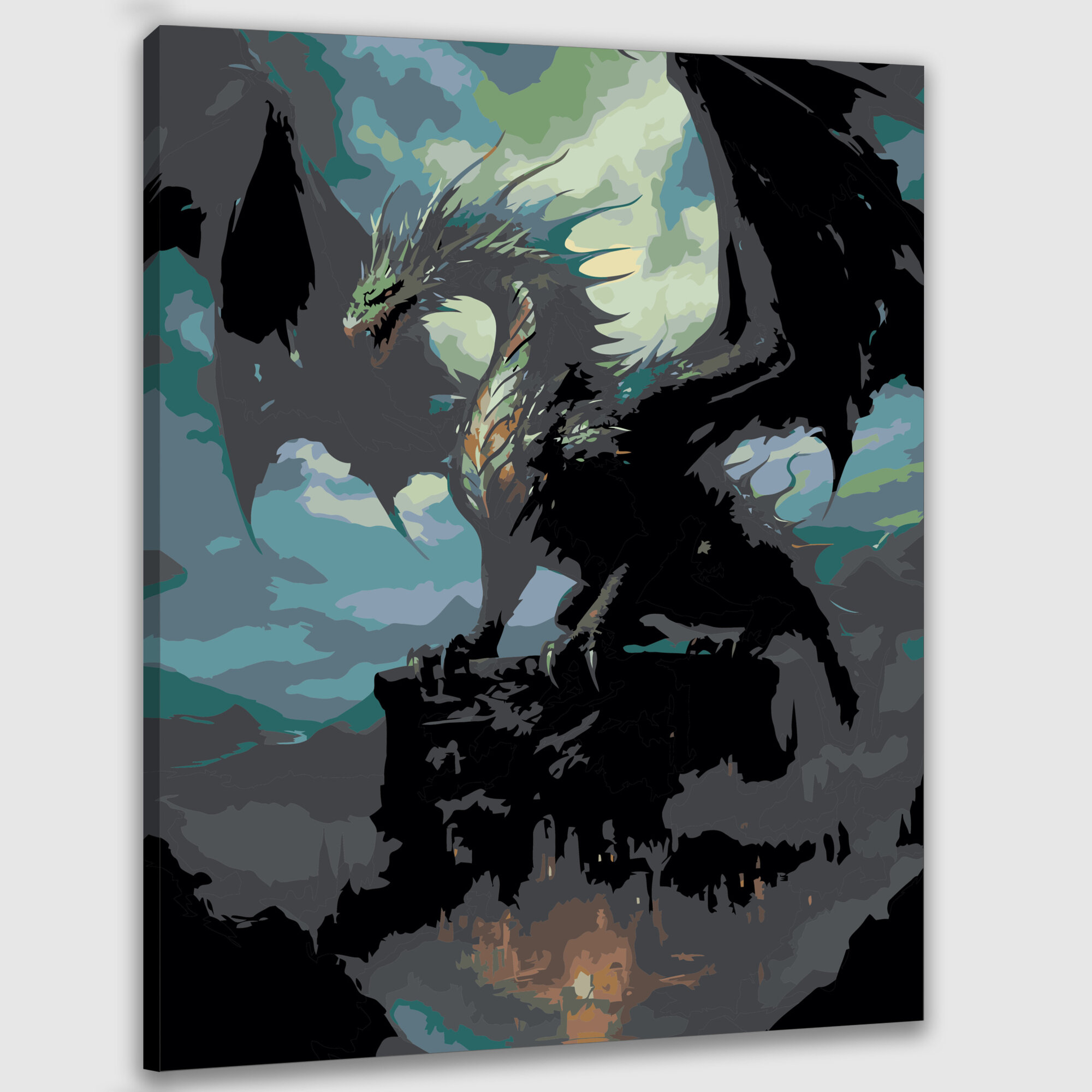 Картина по номерам 40x50 см, картина маслом, Зеленый дракон, изумрудная чешуя, лунный свет, звездное небо, магия