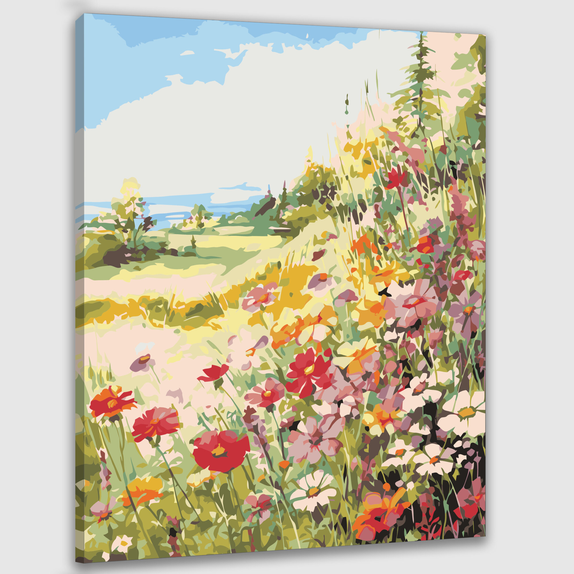 Картина по номерам 40x50 см, акварельная картина, луг, полный цвет, полевые цветы, мягкий ветер, зеленая трава