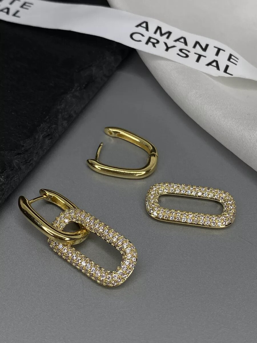 Серьги-трансформеры Amante crystal, размер 35 мм, бесцветный, золотой — фото 1