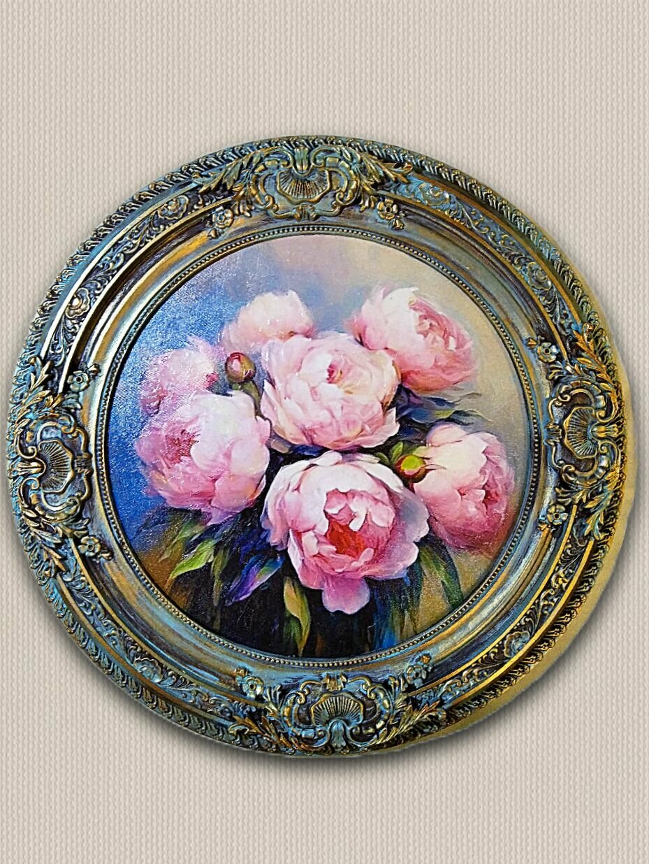 Картина "Нежные пионы" Объемный принт в гипсовой раме ручной работы, репродукция, винтажная картина панно