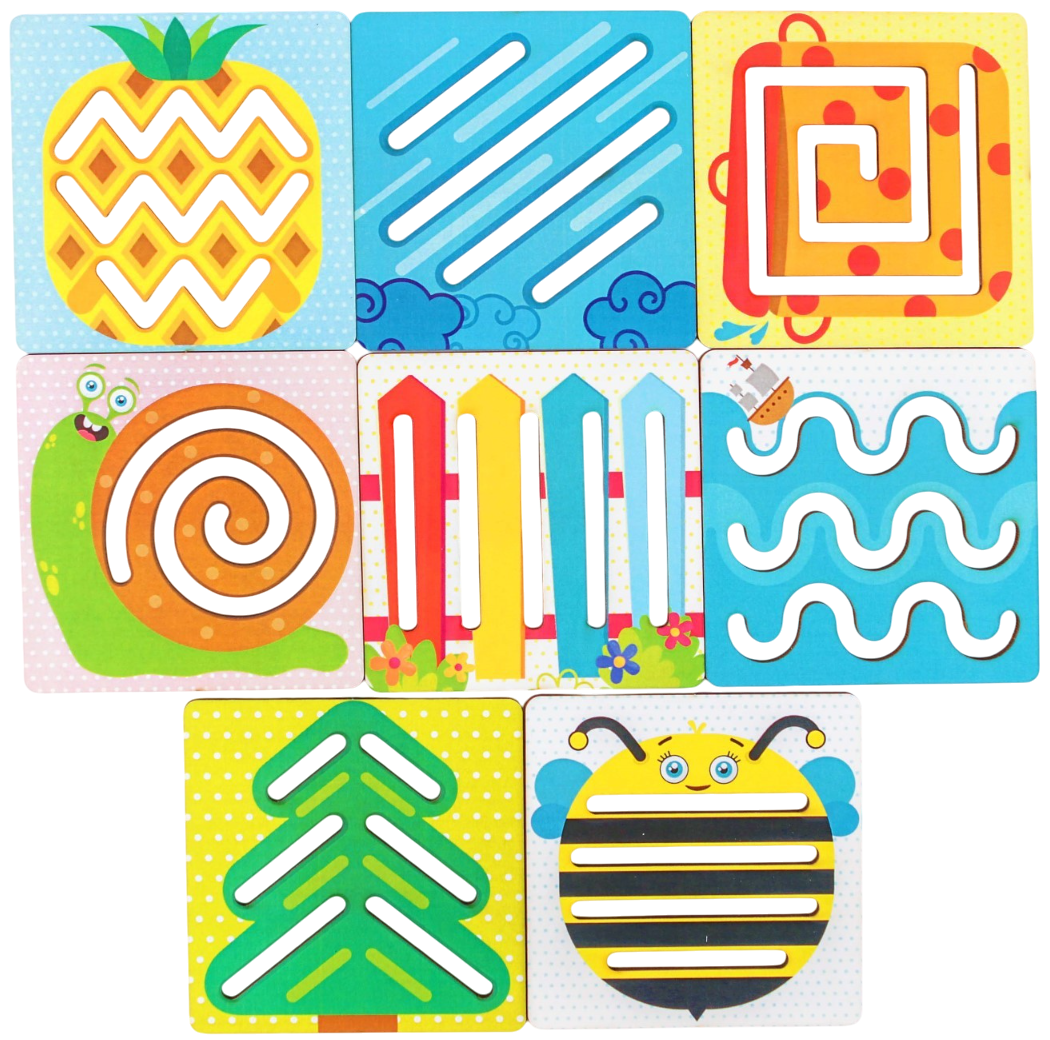 Деревянные трафареты "Ассорти", развивающая игра-тренажер для подготовки рук к письму, набор из 8 линеек для рисования