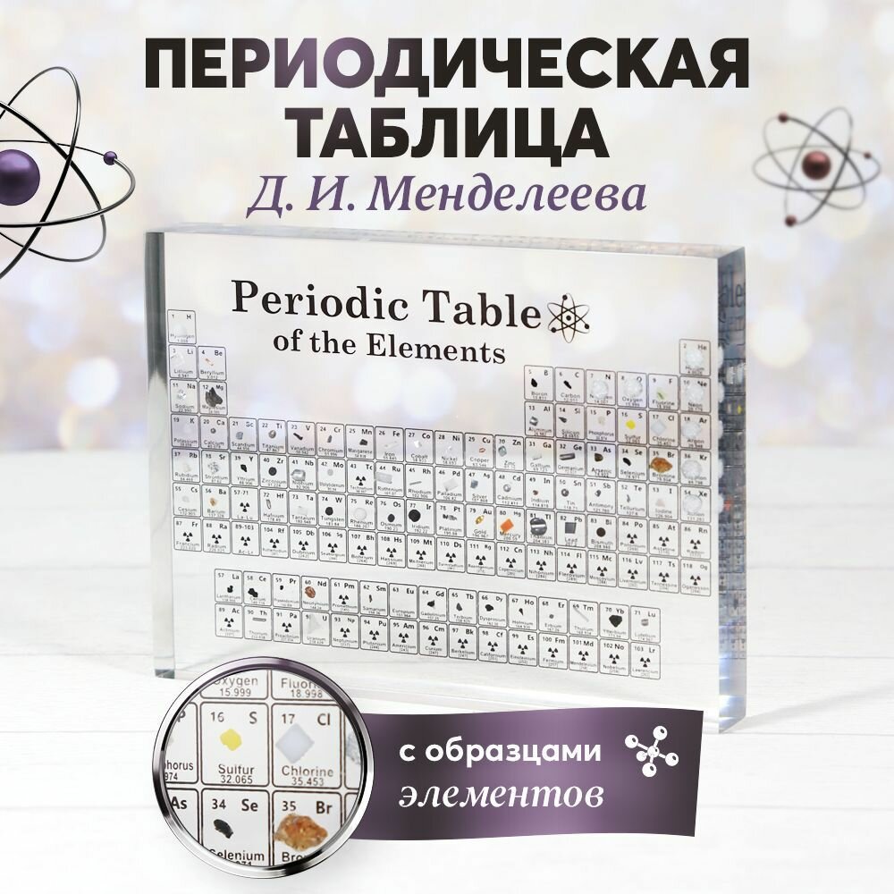 Акриловая периодическая таблица Менделеева с образцами элементов