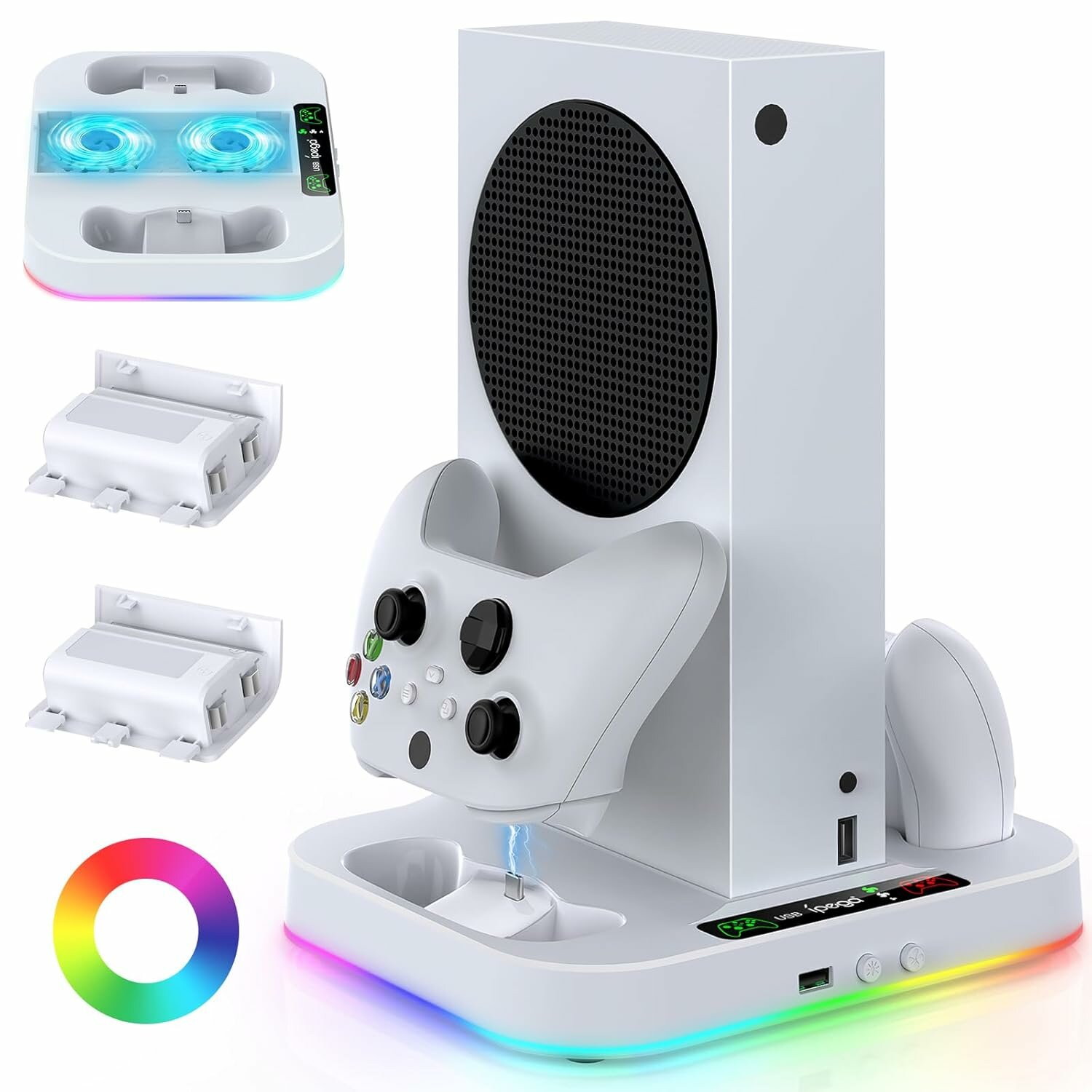 Охлаждающая Подставка для Xbox Series S с RGB-Подсветкой: Станция Быстрой Зарядки 2 Батареями 1400 мАч и 3-Скоростным Вентилятором