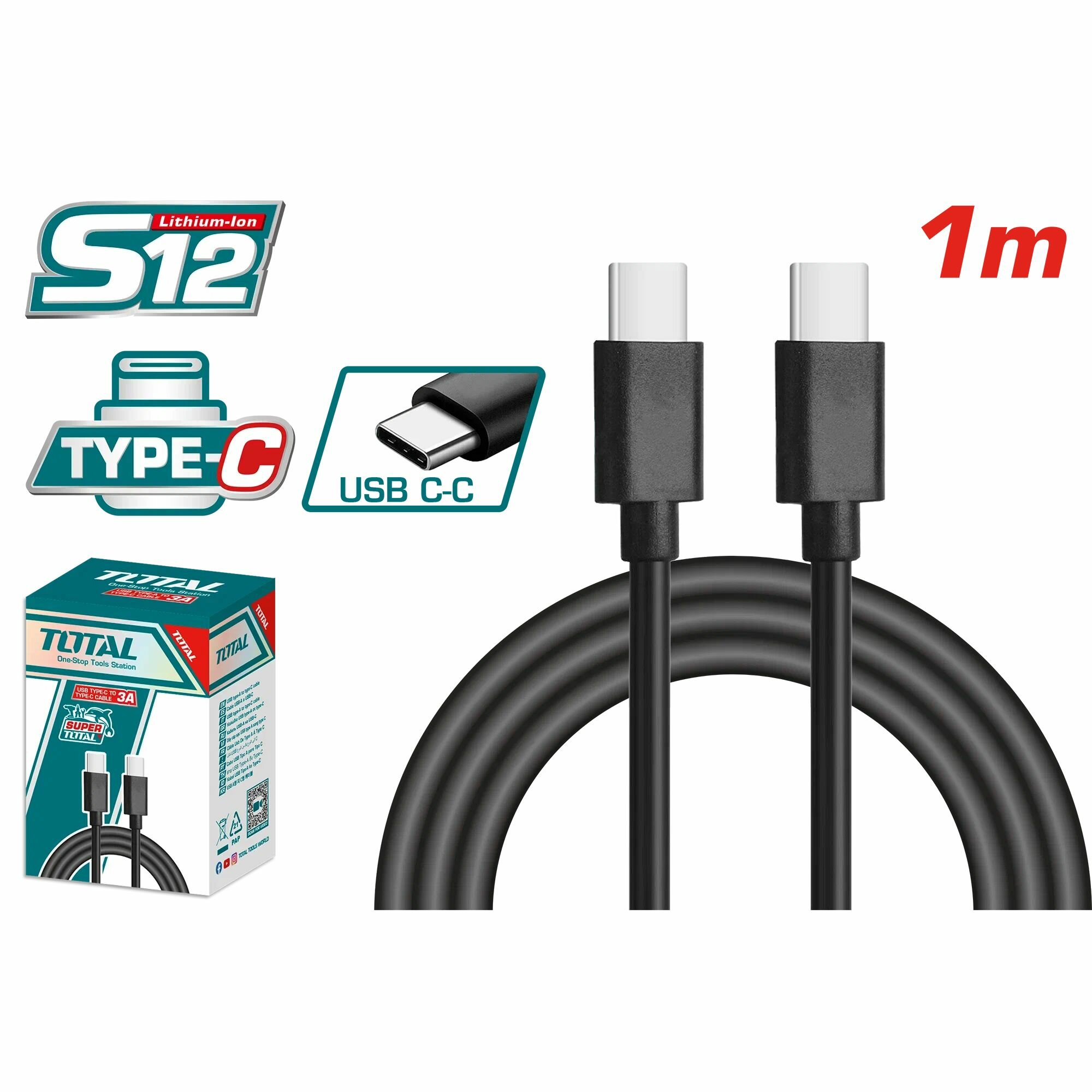 Кабель USB-Type-C "TOTAL" TIUCC02, плоский, силиконовый, 1м, чёрный