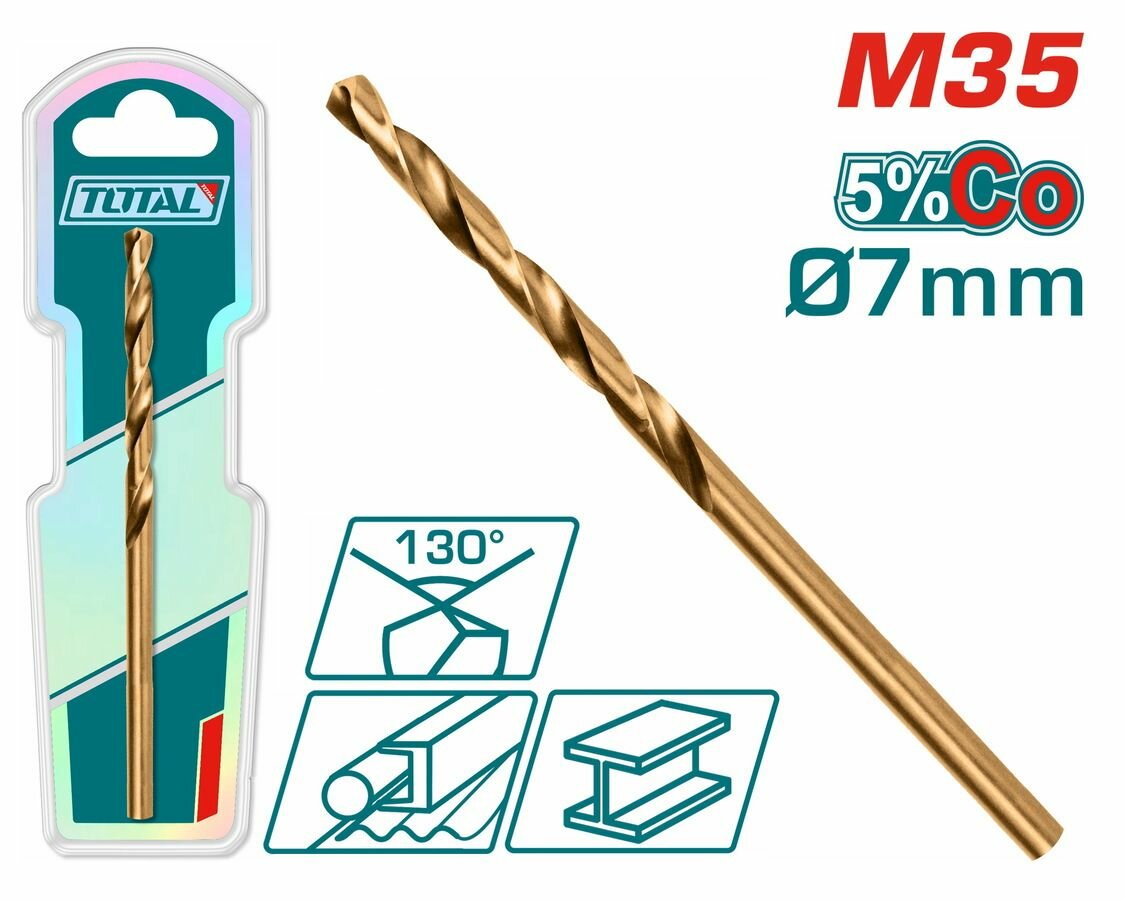 Сверло по металлу 7мм, угол заточки 130° TOTAL TAC11207001 (1шт.)
