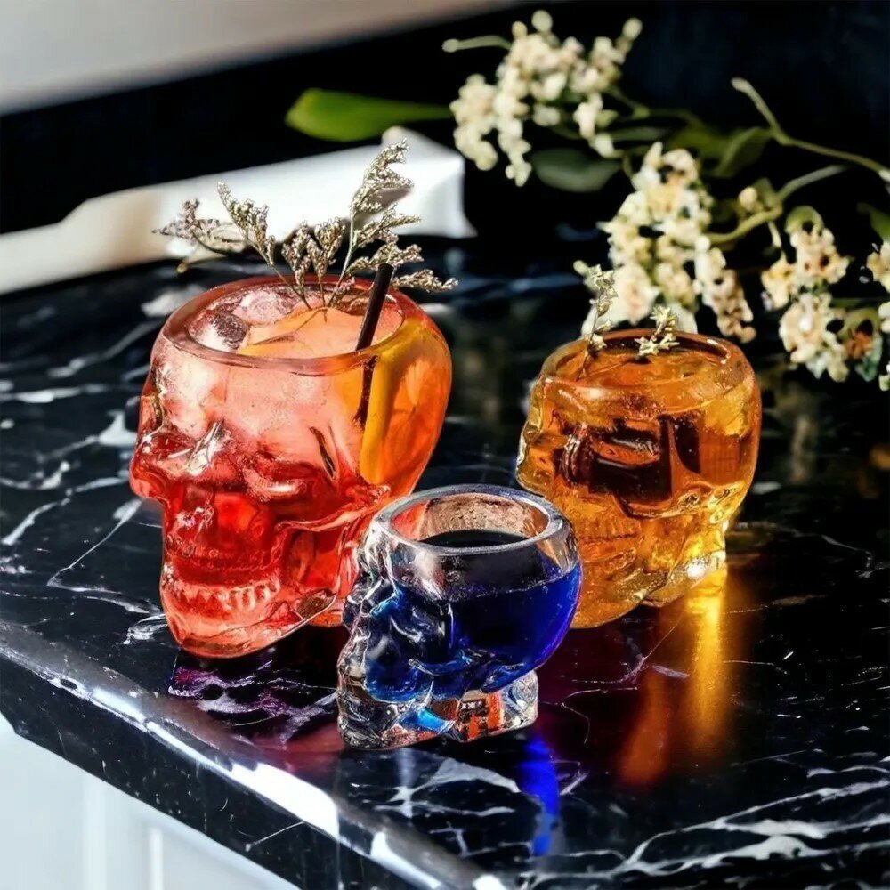 Набор из 2 бокалов «Череп» 350 мл — стильные стаканы для виски, коктейлей и напитков, оригинальный подарок на хэллоуин