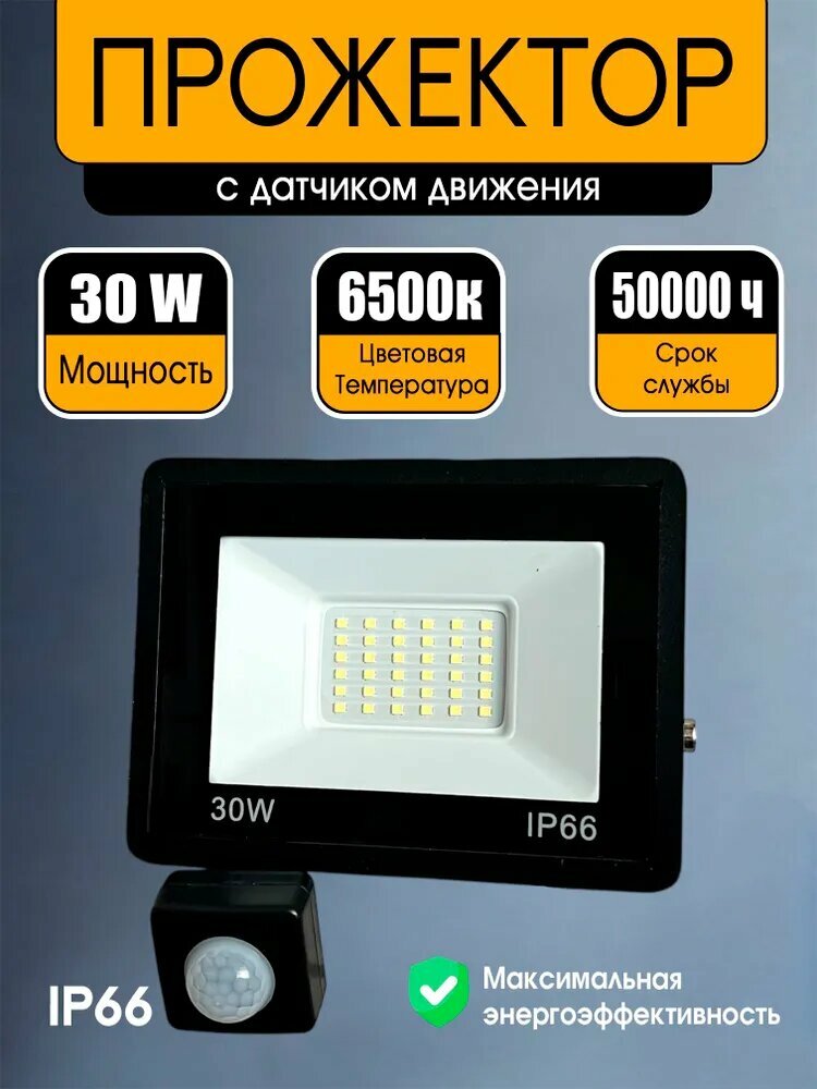 Светодиодный прожектор, с датчиком движения, переносной, чёрный