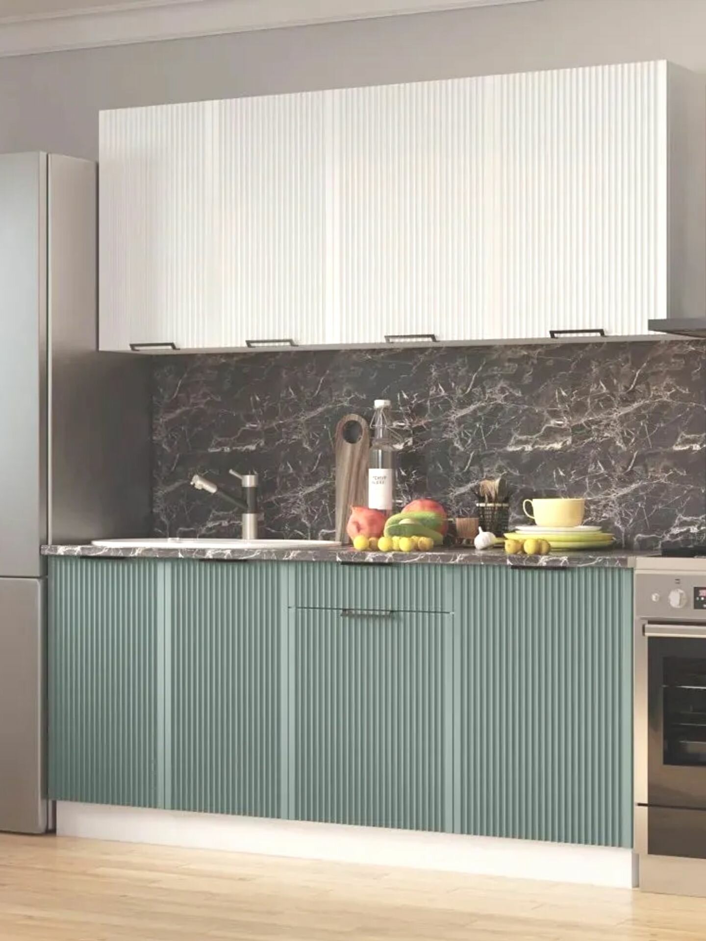 Кухня Кампео 1,8 м Белый снег/Бриз ЛДСП/МДФ со столешницей Дуб вотан 38 мм 1800х600х2150 тэкс