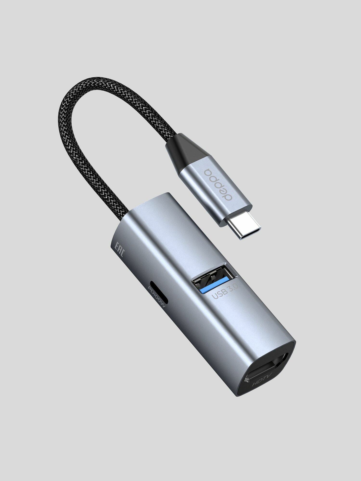 USB-хаб 3 в 1 USB-C - USB-A3.0 + USB-C PD100Вт + HDMI, переходник-адаптер, нейлоновый кабель 10см, серый, Deppa, 73145