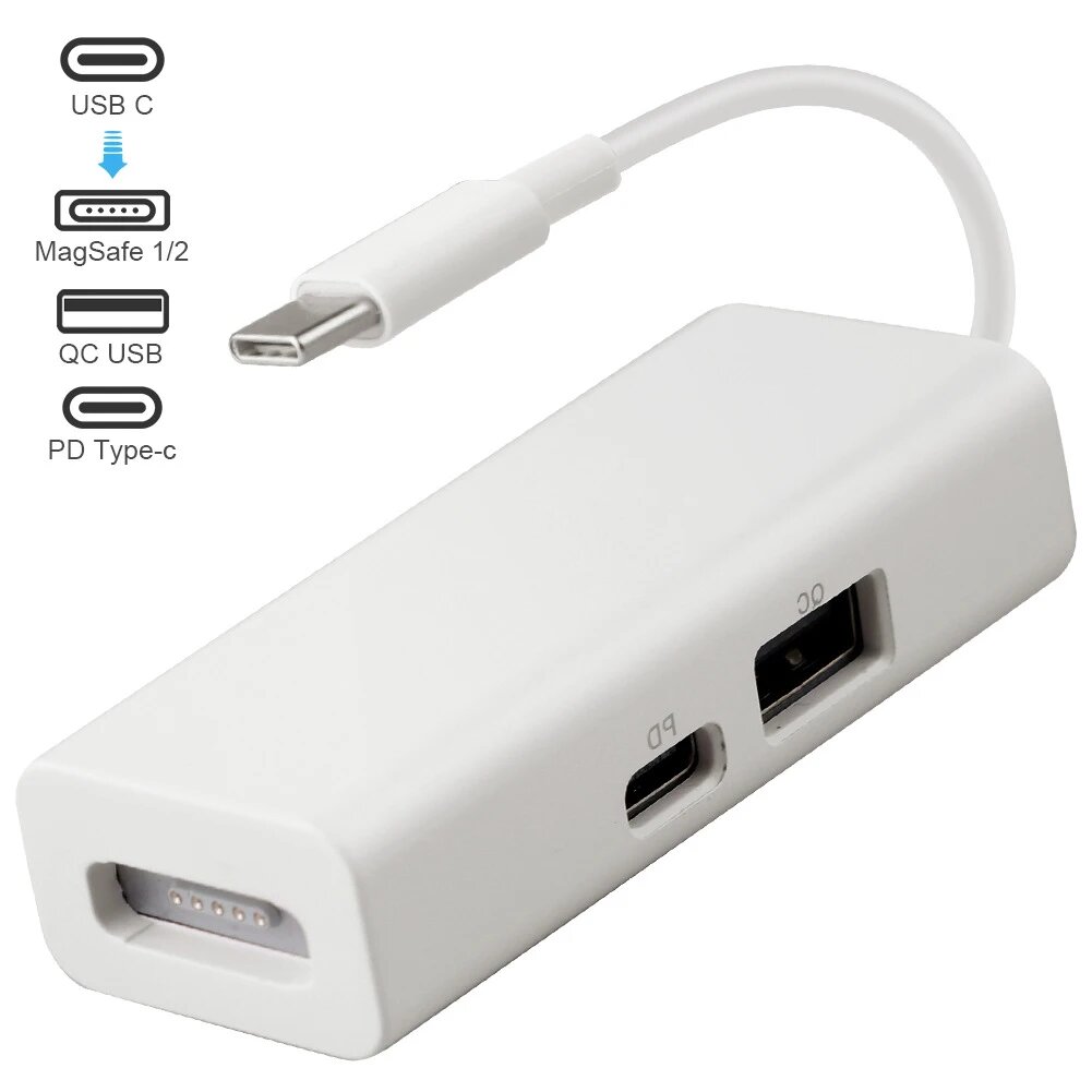 Адаптер TypeC — MagSafe 1/2 3 в 1, USBC — MagSafe с кабелем порта быстрой зарядки PD для ноутбуков Macbookpro, смартфонов с USB, White