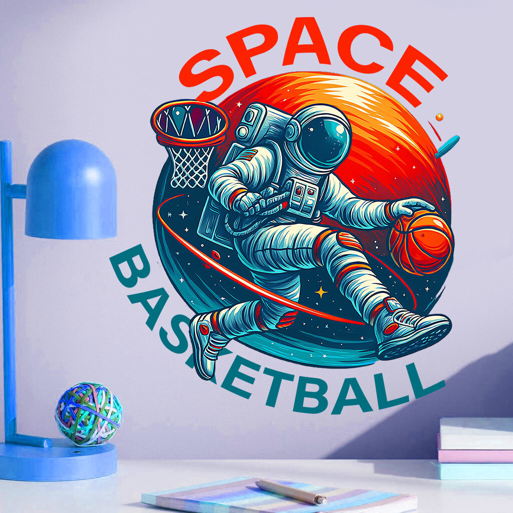 Наклейки на стену с изображением астронавта и баскетбола, космические обои с изображением мультфильмов и спорта, самоклеящиеся съемные наклейки для декора детской комнаты, спальни, игровой комнаты, класса, ПВХ 26x29,5 см