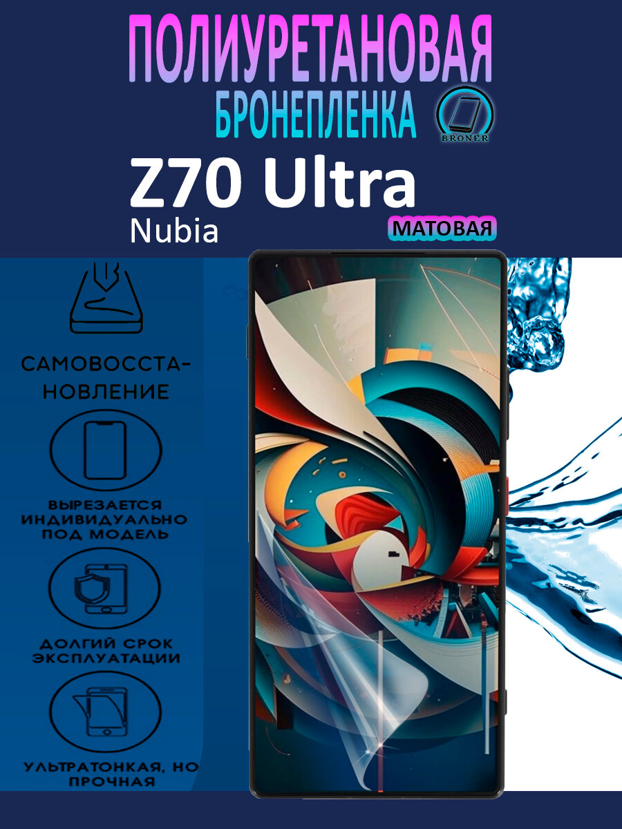 Полиуретановая бронепленка для ZTE Nubia Z70 Ultra / Защитная плёнка на весь экран, без выреза под камеру / Матовая