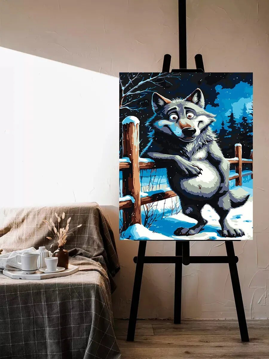 Картина по номерам Мультяшный Волк Деревня Зима Животное