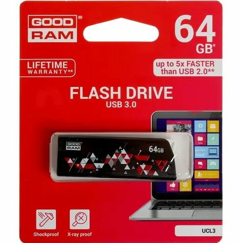Память USB Flash 64 ГБ Goodram UCL3 (UCL3-0640K0R11) - USB 3.2 Gen1, до 60 Мбайт/сек, выдвижной (слайдер), пластик