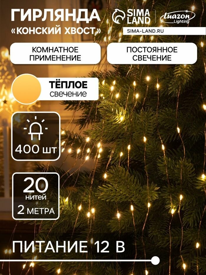 Гирлянда Конский хвост 20 нитей по 2 м, IP20, медная нить, 400 LED, свечение тёплое белое, 12 В