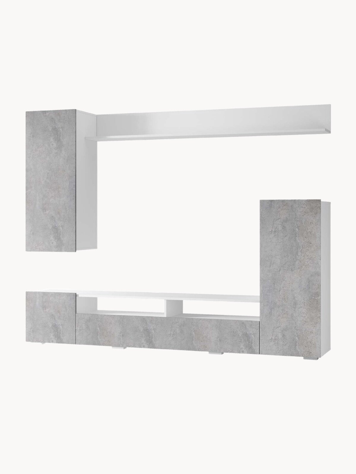 Гостиная комплект Астория, настенная полка, тумбы, шкафы, 213х37.1х168 см, Белый / Цемент светлый