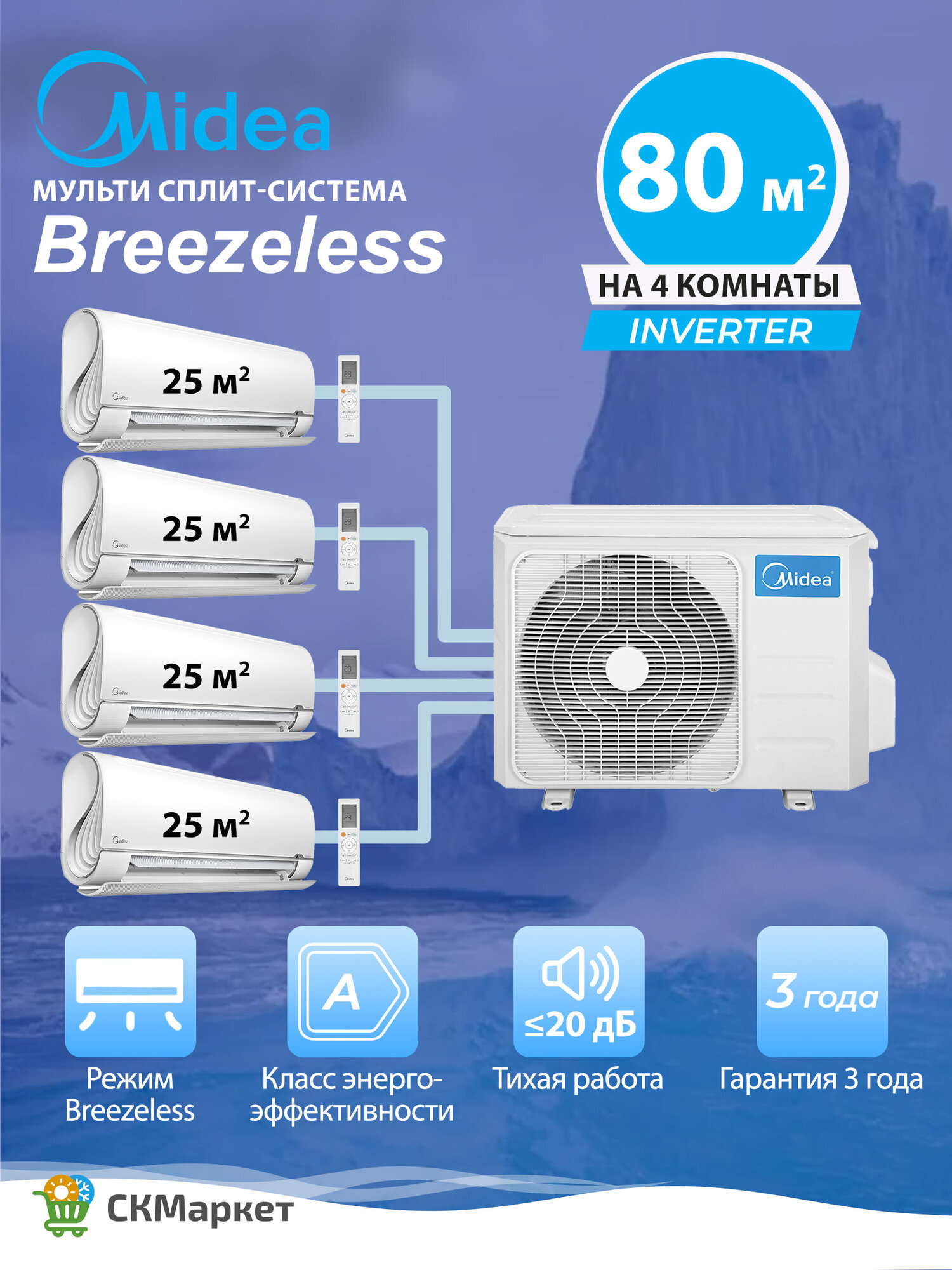 Мульти сплит система на 4 комнаты (25+25+25+25) кв. м. Midea MSFA2-09N8D6-Iх4/M4OE-28HF8-Q1, кондиционер инверторный