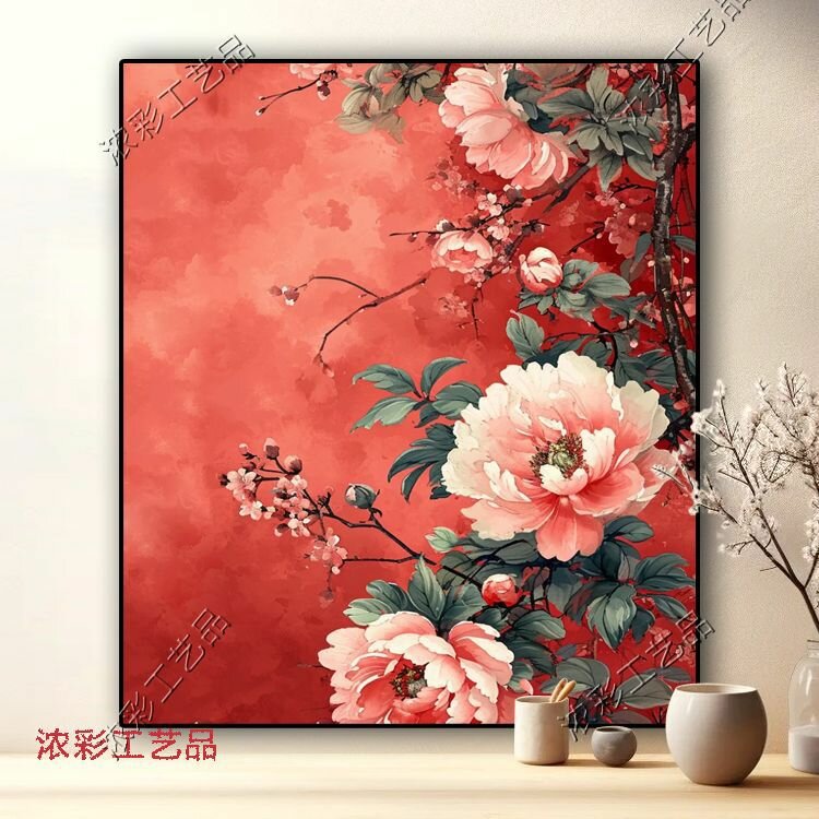 Цифровая масляная живопись с цветком пиона под красной стеной, DIY ручная роспись акрилом, декор для гостиной, входная подвесная картина