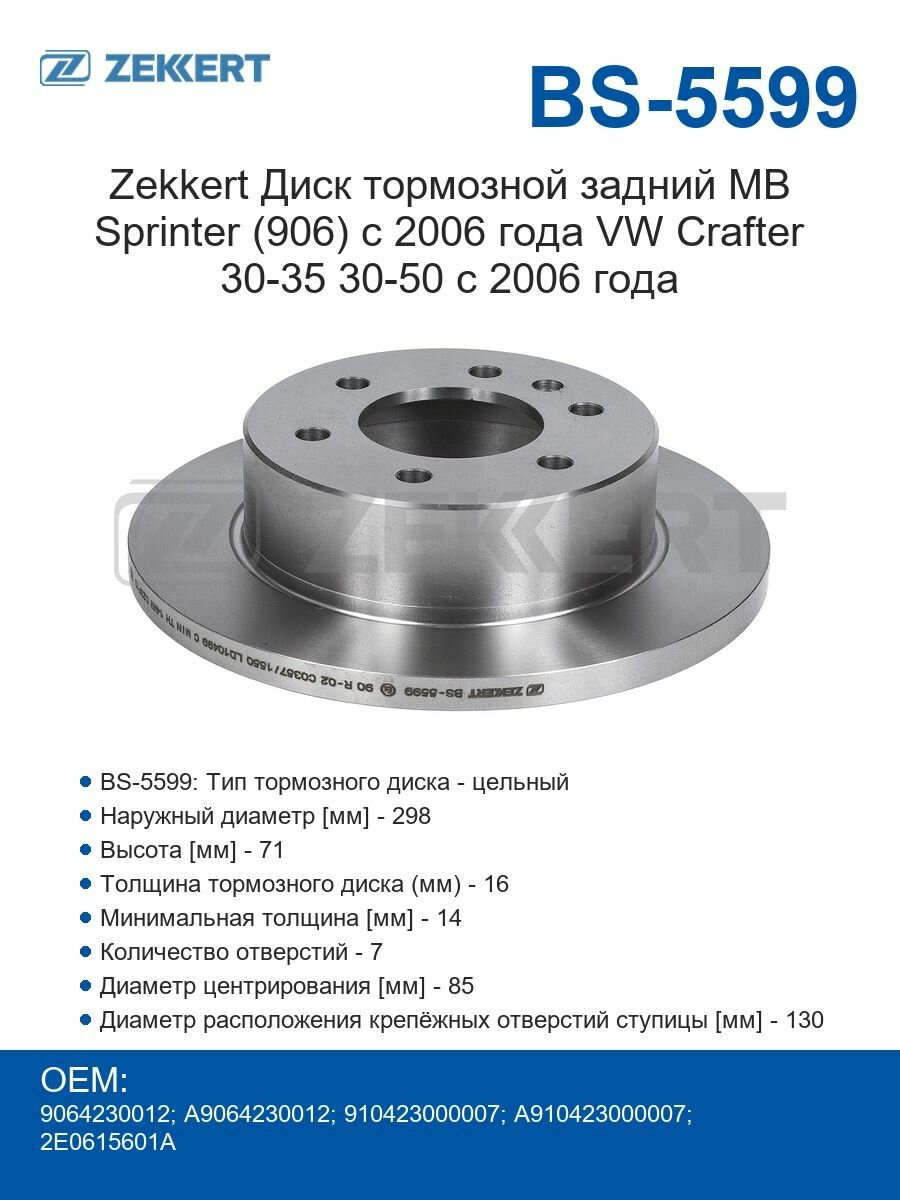 Zekkert Диск тормозной задний MB Sprinter (906) с 2006 года VW Crafter 30-35 30-50 с 2006 года