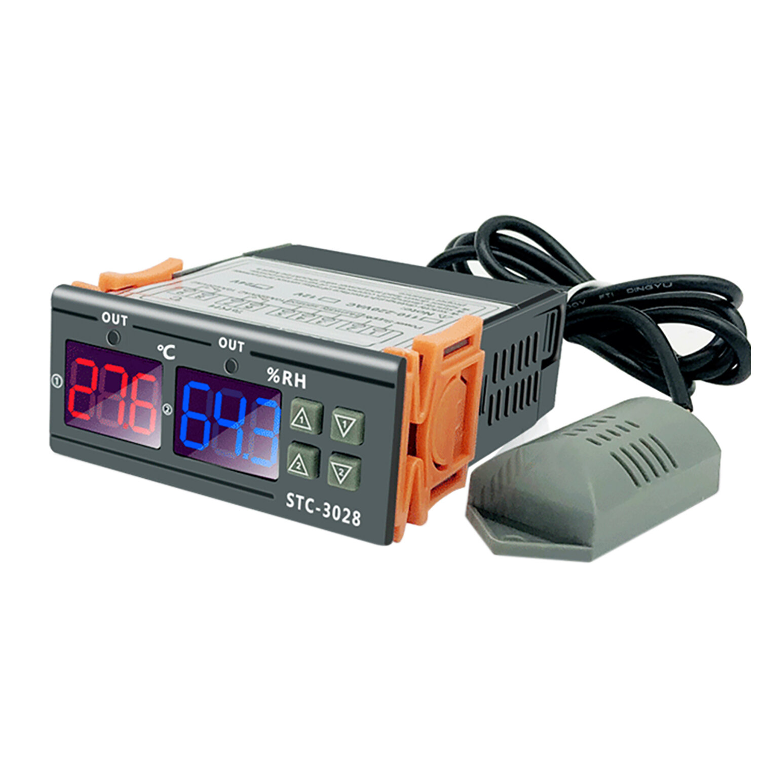 Контроллер температуры и влажности STC-3028, материал ABS, напряжение 12v, 24v, 110~220v (выбор), выход 10A, длина провода датчика 1m, диапазон температуры -20℃~+80℃, диапазон влажности 0%RH~+100%RH, разрешение 1℃, 0.1%RH, размер изделия 85*75*34.5mm, в