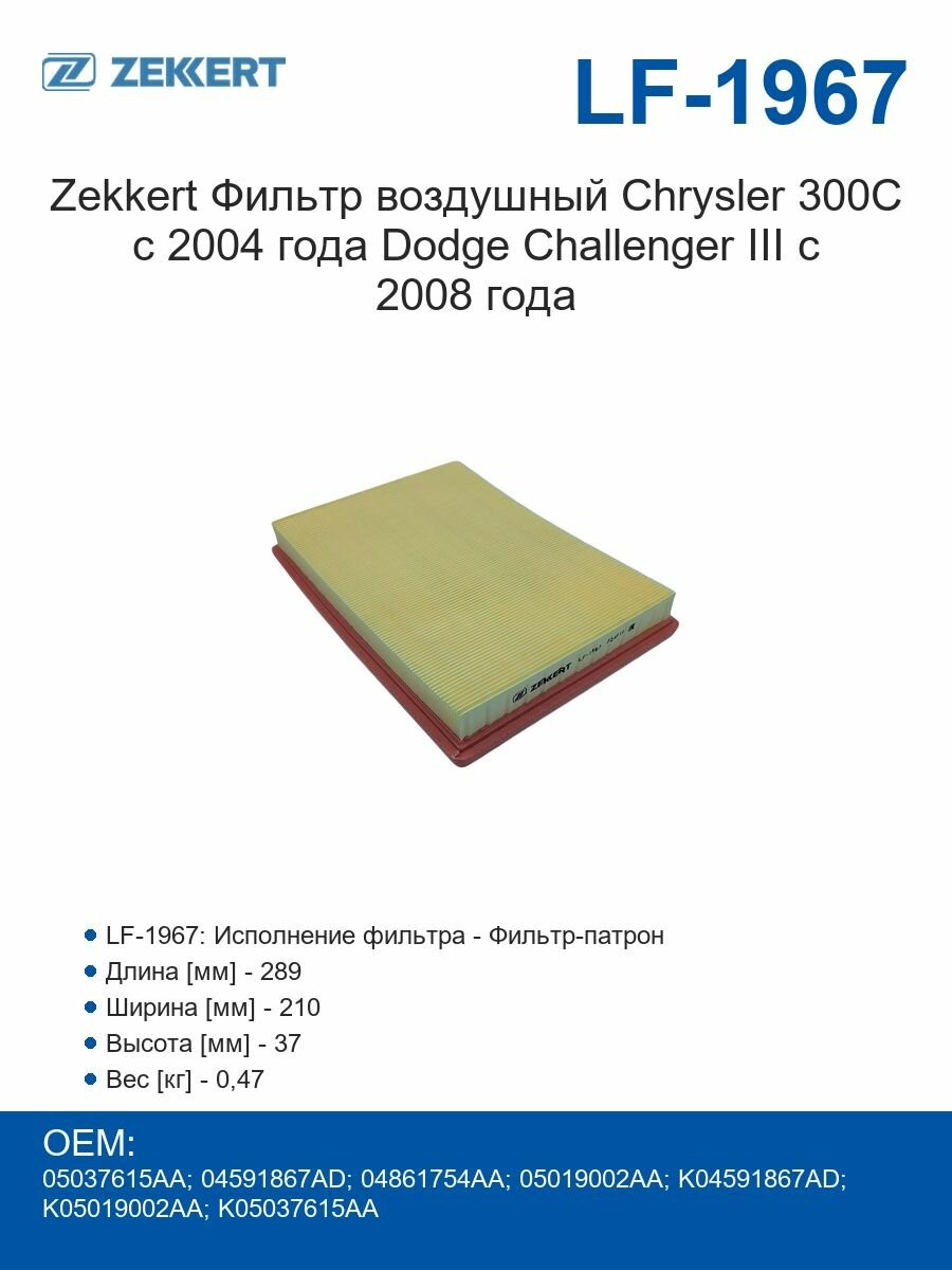 Zekkert Фильтр воздушный Chrysler 300C с 2004 года Dodge Challenger III с 2008 года