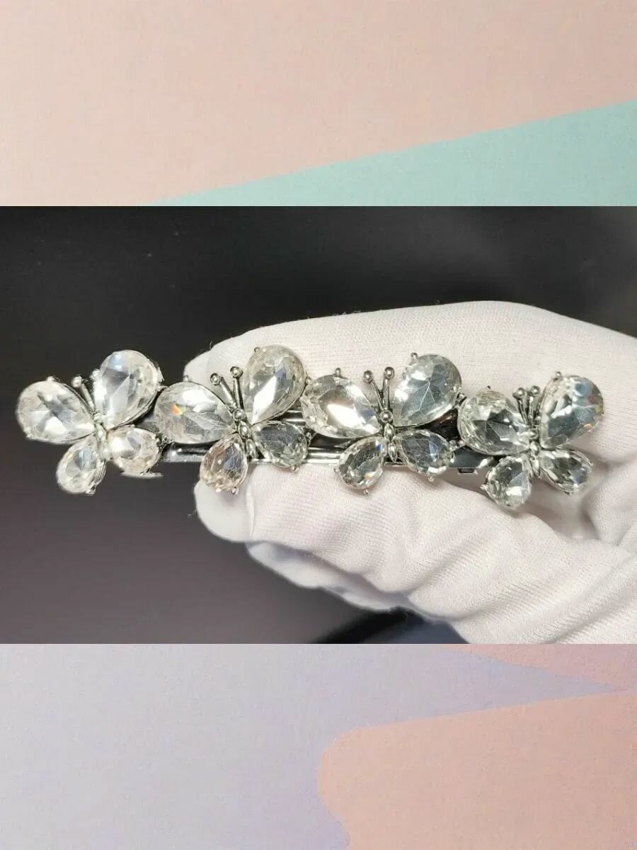 Заколка "Со стразами и искусственными камнями", серебристая, для волос, женская