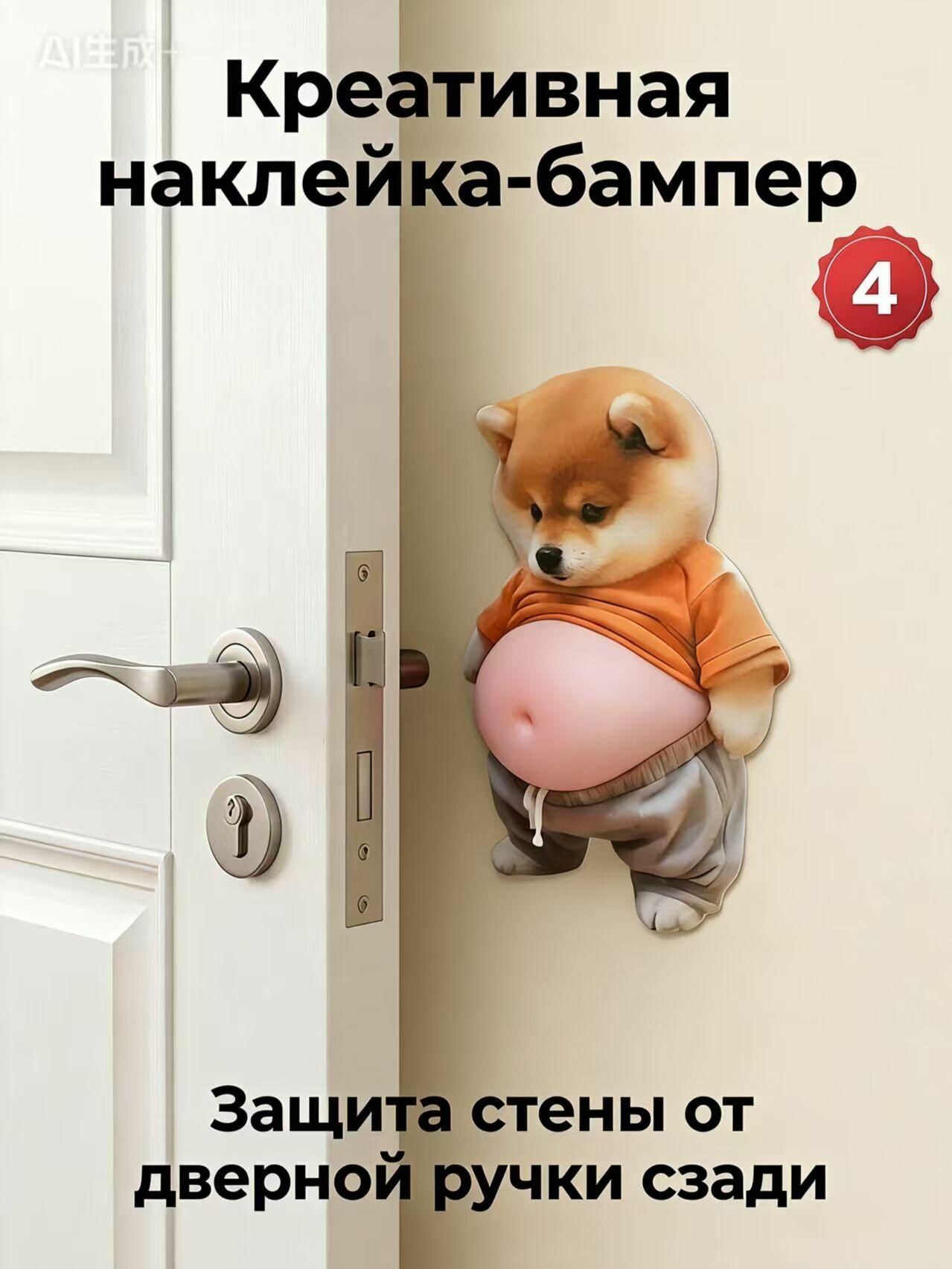 Креативная наклейка-бампер с большим животом - Защита стены от ударов дверной ручки 4шт.