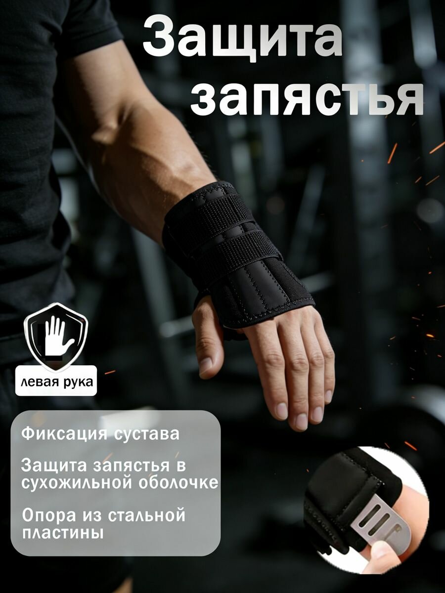 Бандаж на лучезапястный сустав слева черный универсальный размер Прочная поддержка и фиксация запястья для спорта и восстановления