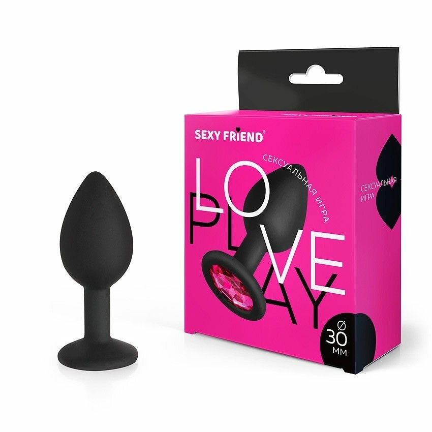 Черная силиконовая анальная втулка с малиновым кристаллом - 7,3 см, малиновый