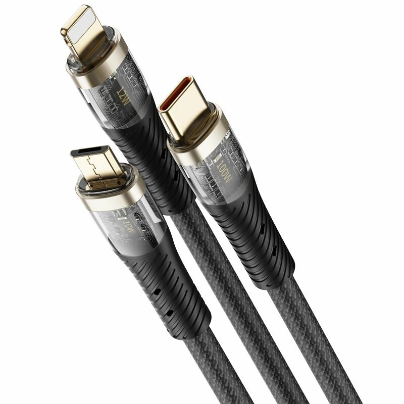 Кабель ROCK 3в1 USB USB Type C microUSB Lightning с быстрой зарядкой 6A 100W прозрачный штекер 150 см. черный