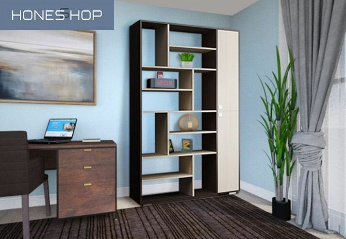 Стеллаж Оквил 5 ЛДСП корпус венге цава, фасад ясень шимо светлый, 120х43х220