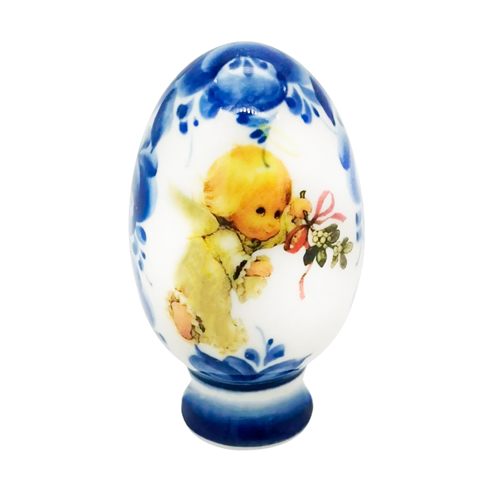 Фигурка ручной работы пасхальное яйцо "Ангелочек с веточкой", гжель