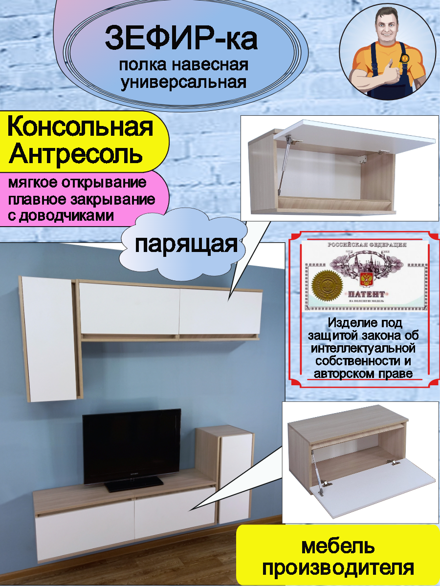 Полка навесная под ТВ, универсальная для гостиной зефир-ка