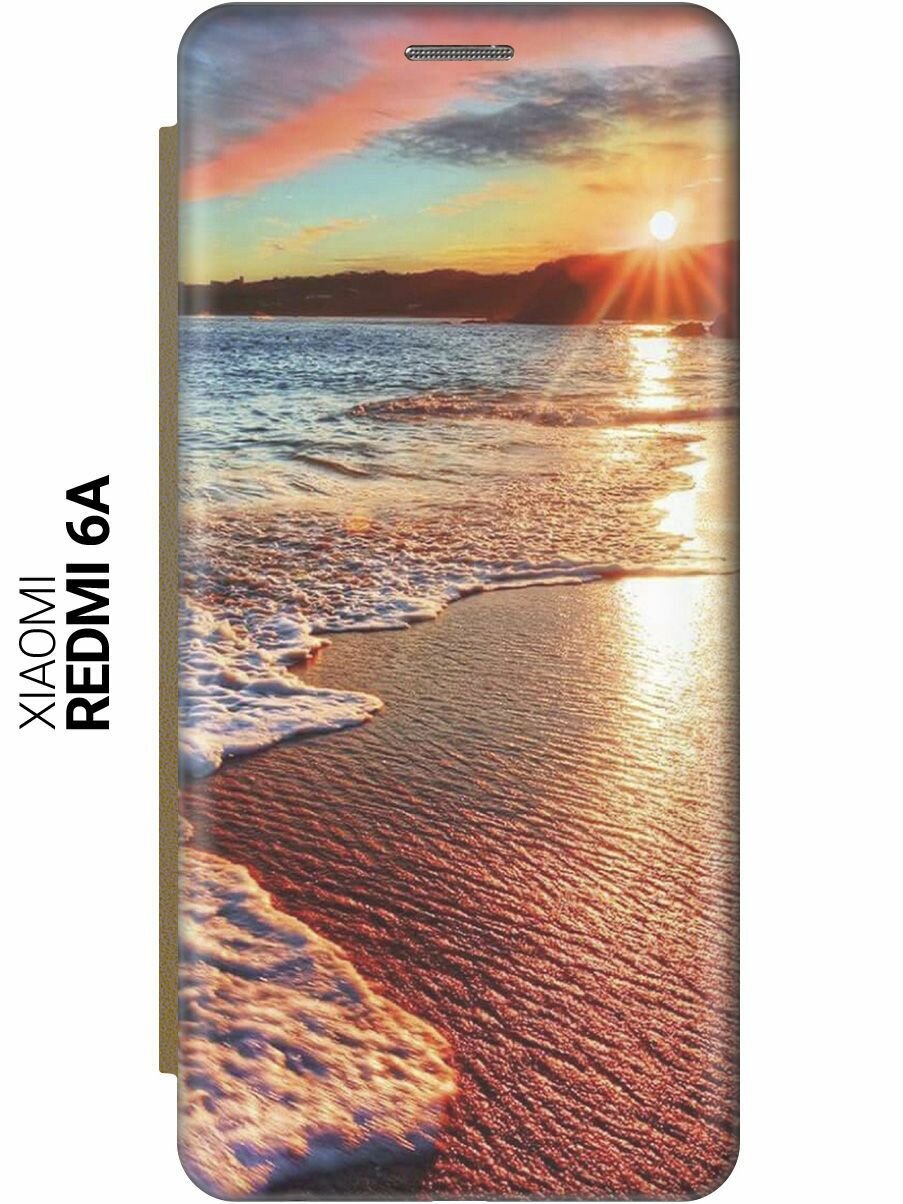 Чехол-книжка на Xiaomi Redmi 6A, Сяоми Редми 6А с 3D принтом "Залитый светом пляж" золотой