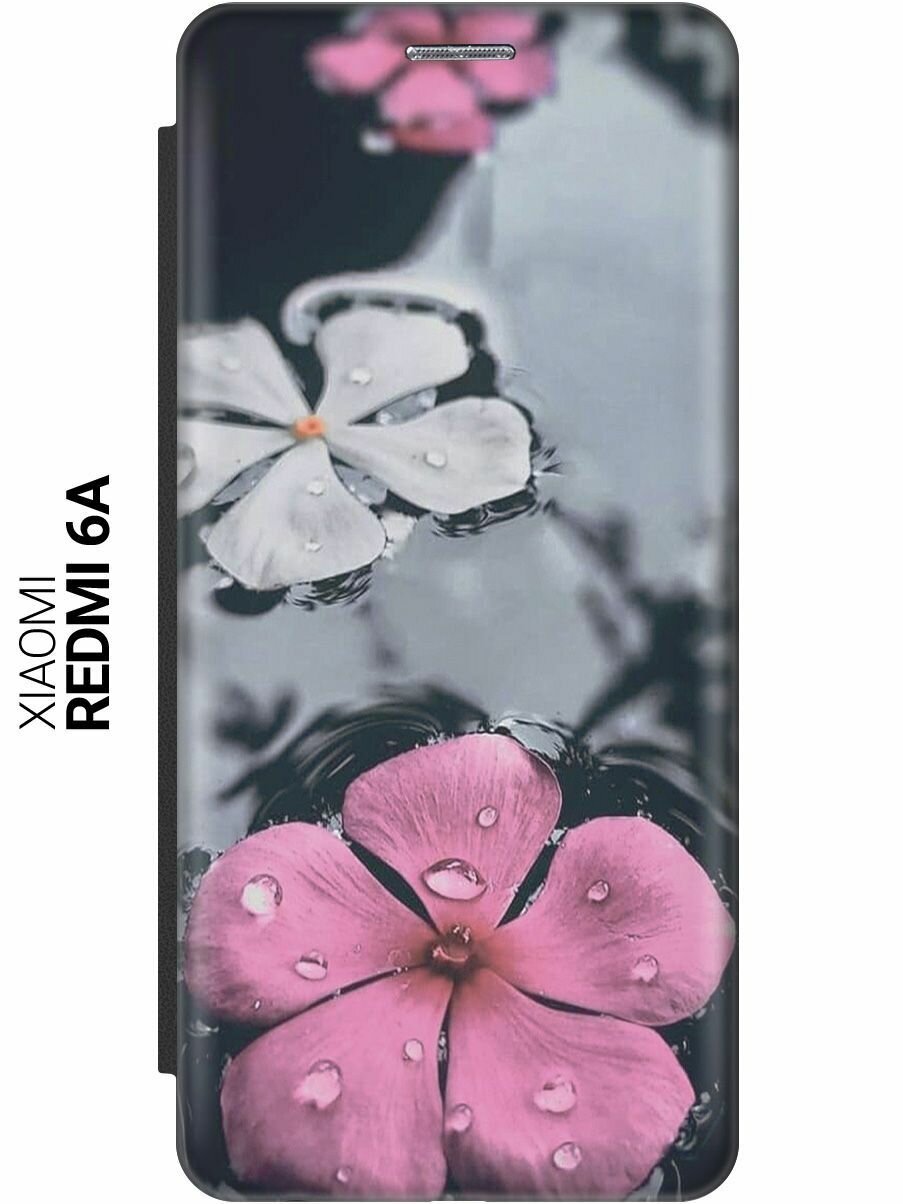 Чехол-книжка на Xiaomi Redmi 6A, Сяоми Редми 6А c принтом "Фиалки в воде" черный