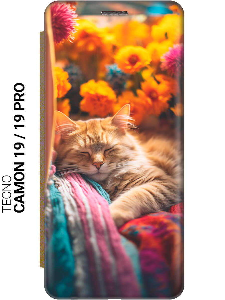 Чехол-книжка на Tecno Camon 19 / 19 Pro / Техно Камон 19 / 19 Про с рисунком "Спящий на пледе котик" золотой
