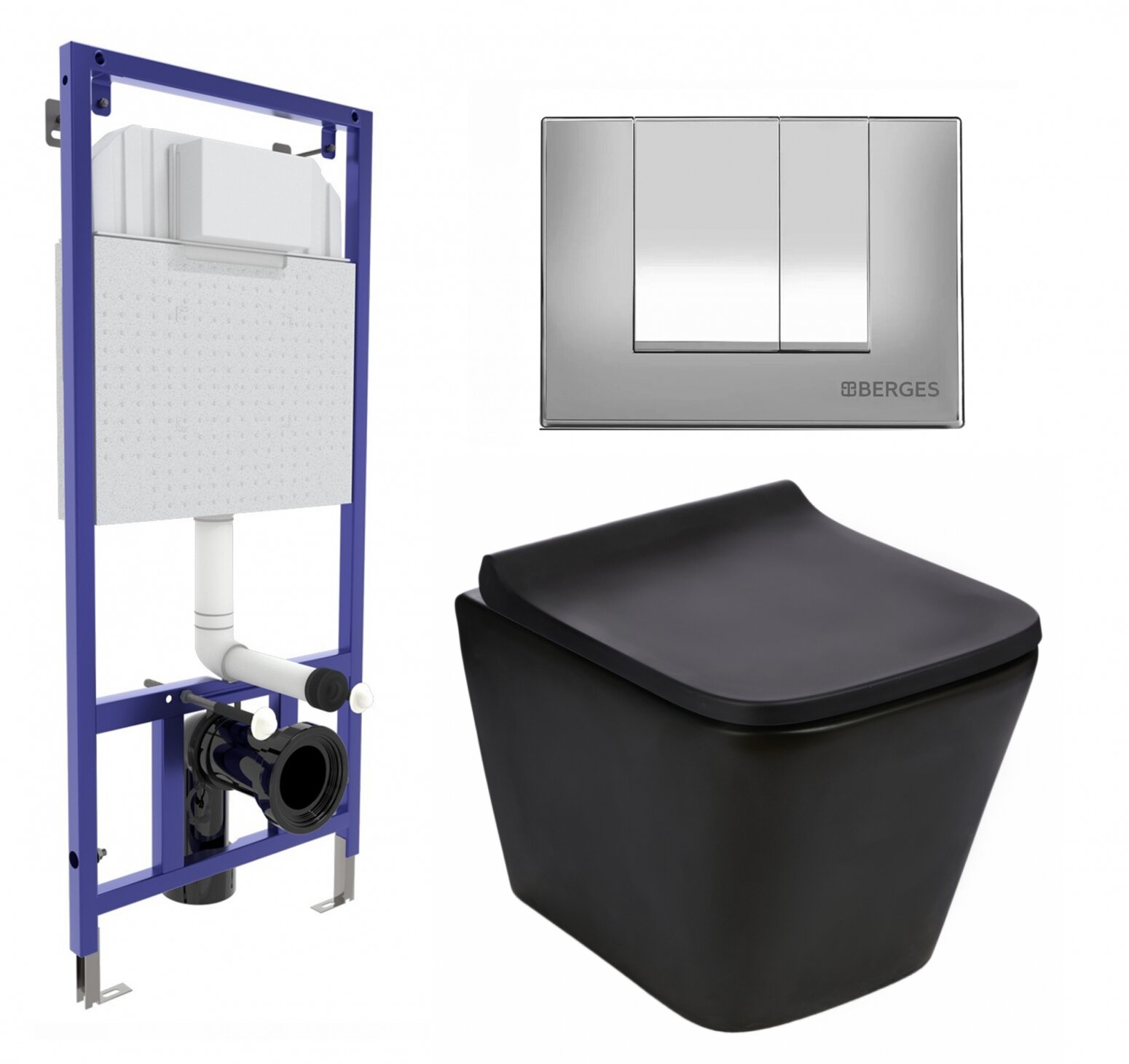 Комплект 3 в 1 инсталляция Berges Wasserhaus Novum 040242 + Подвесной унитаз WeltWasser Gelbach 043 MT-BL + кнопка хром матовая