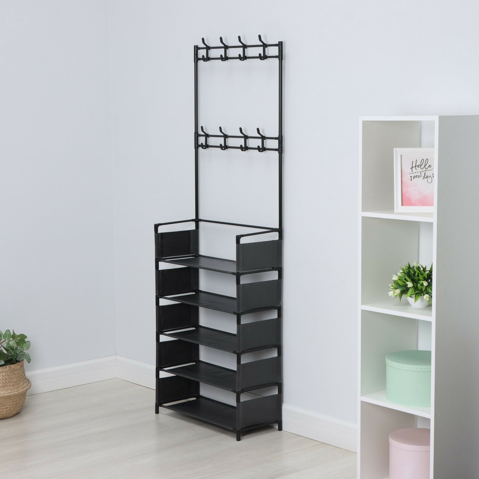 Вешалка - стойка напольная для одежды LaDom, с полками для хранения, 5 ярусов, 60×26×172 см, чёрная
