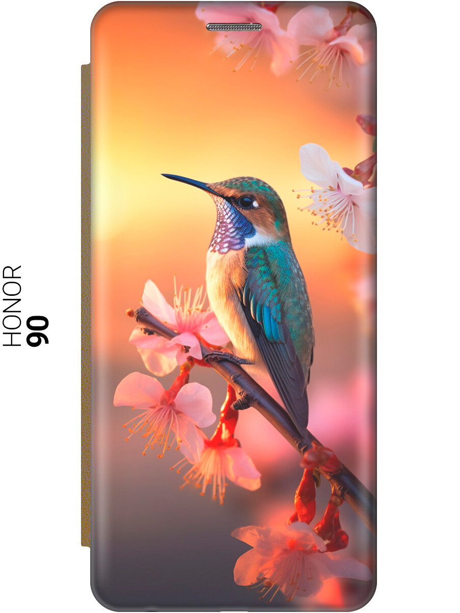 Чехол-книжка на Honor 90 / Хонор 90 с рисунком "Птичка и закат" золотой