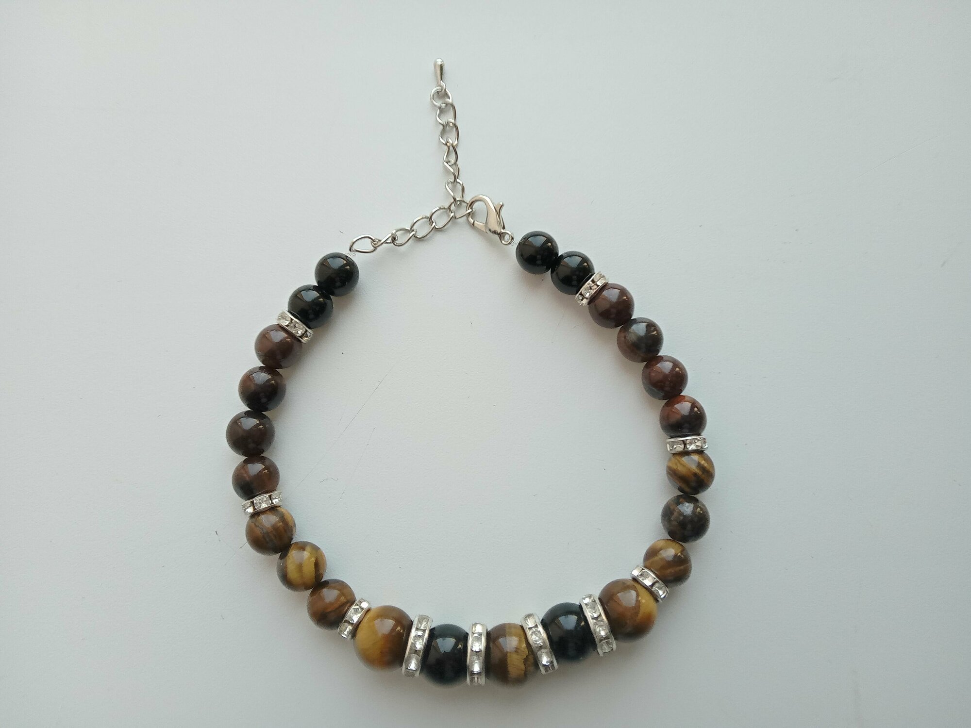 Браслет, агат, стразы, тигровый глаз