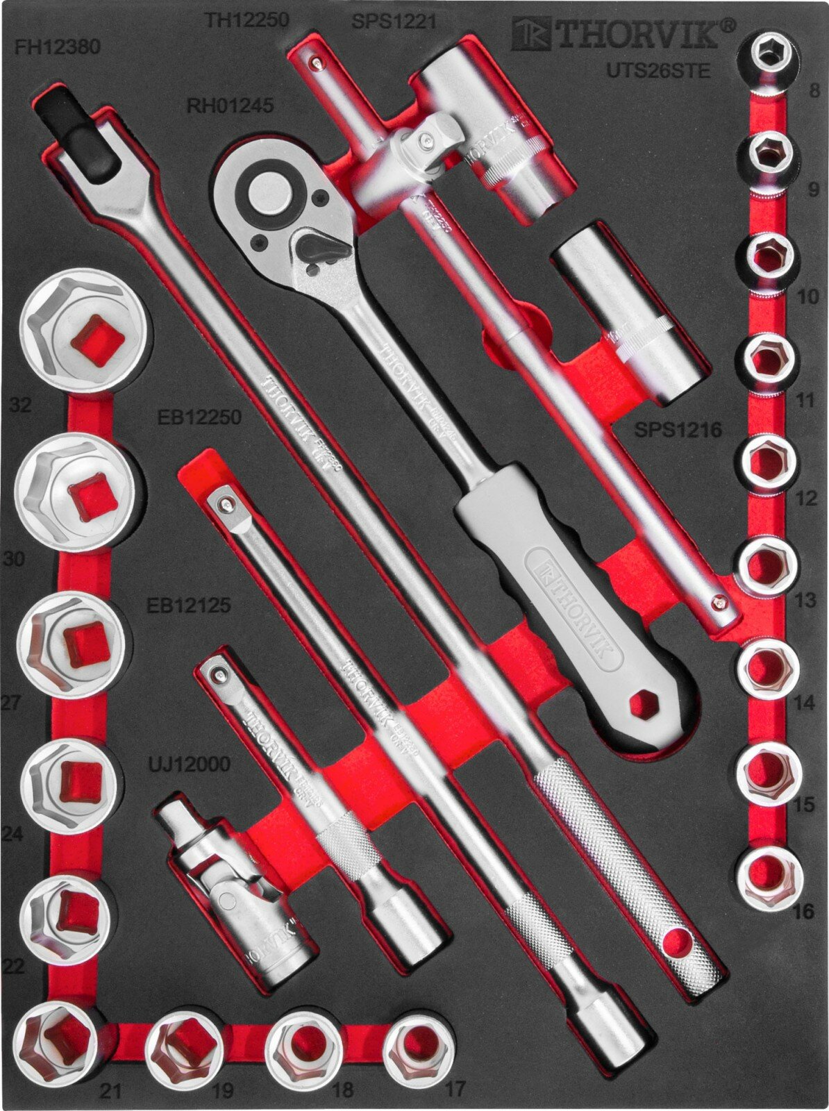 UTS26STE Набор торцевых головок 1/2" с принадлежностями в EVA ложементе , 26 предметов Thorvik