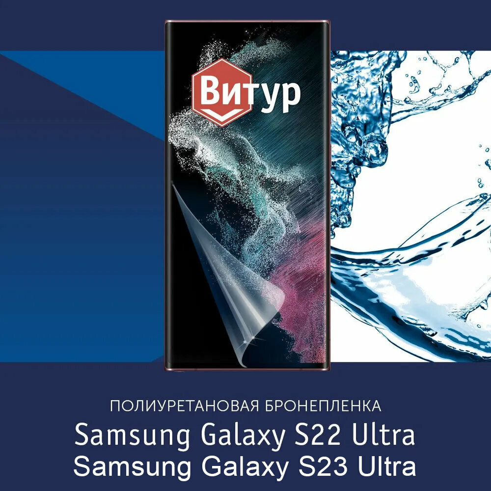 Полиуретановая бронепленка для Samsung Galaxy S22 Ultra / S23 Ultra / 2шт. / Защитная плёнка на экран, совместима с чехлом, с вырезом под камеру / Глянцевая