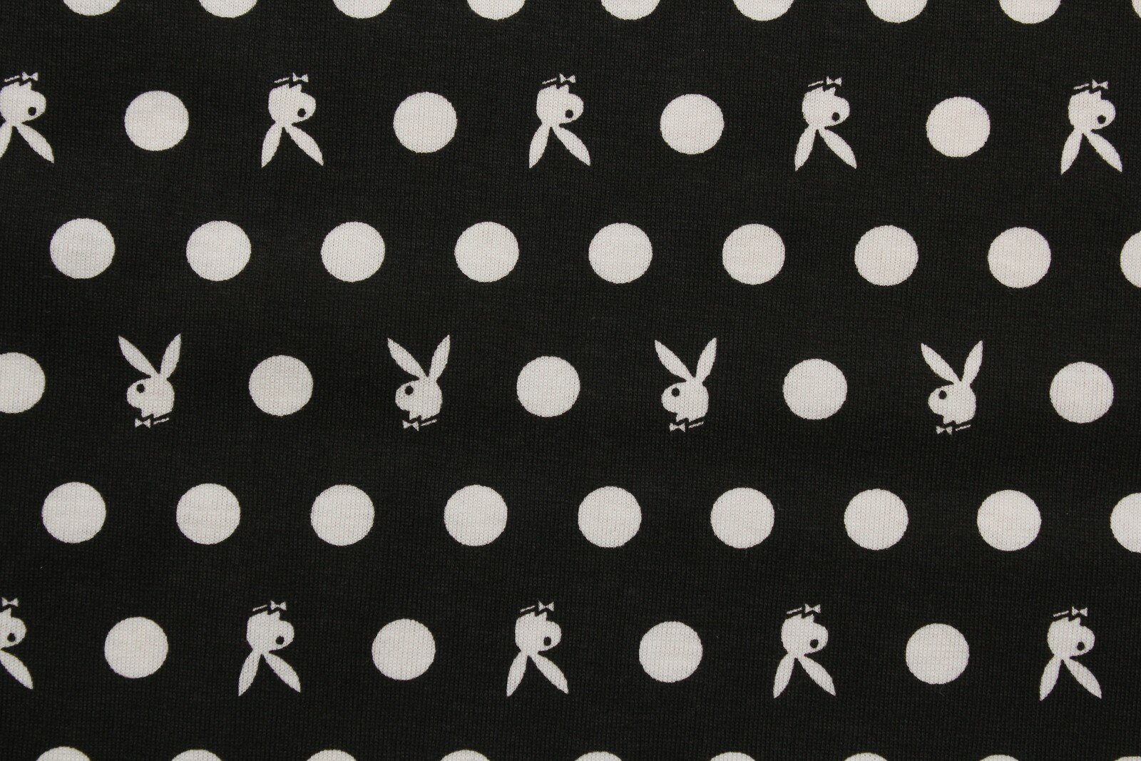 Ткань Трикотаж чёрный с белыми горошками и зайчиками, ш174см, 0,5 м