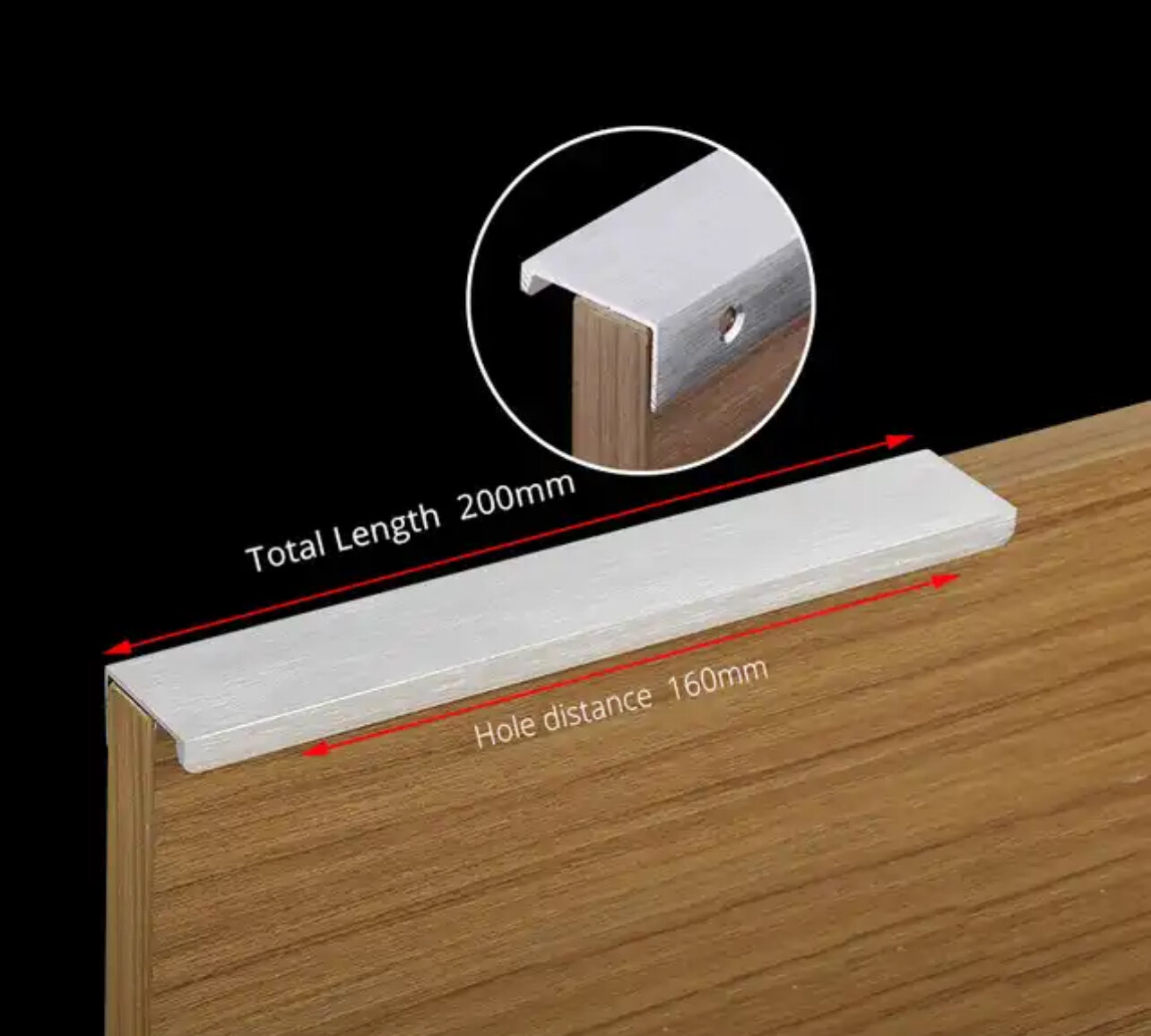 200 мм Скрытая ручка для шкафов и ящиков/ Серебрянный цвет