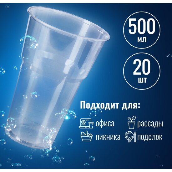 Лайма Стакан одноразовый Laima пластиковый, прозрачный 500 мл, комплект 20 шт, бюджет, ПП, холодное/горячее, 600939