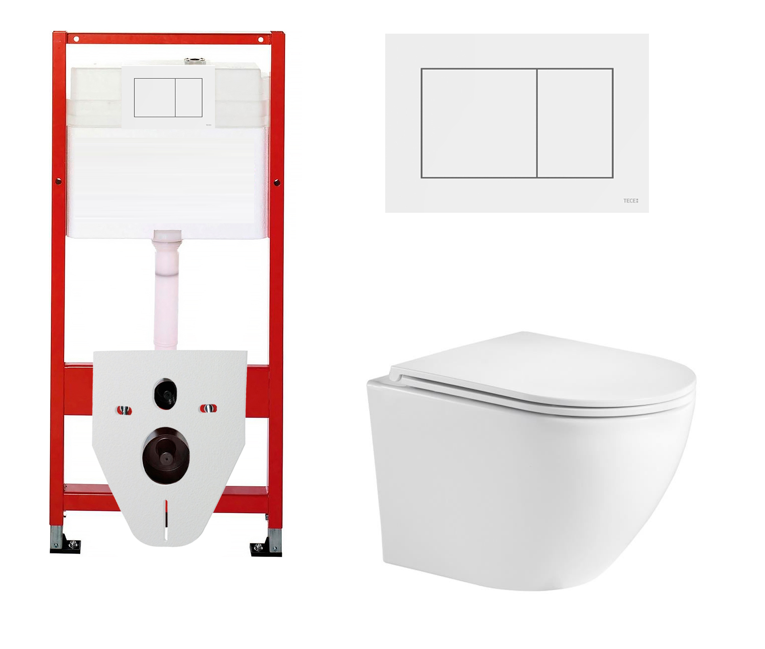 Комплект 3 в 1 инсталляция Tece Base 9400413 + Подвесной унитаз WeltWasser Merzbach 043 GL-WT с кнопкой смыва, в стиле hi-tech