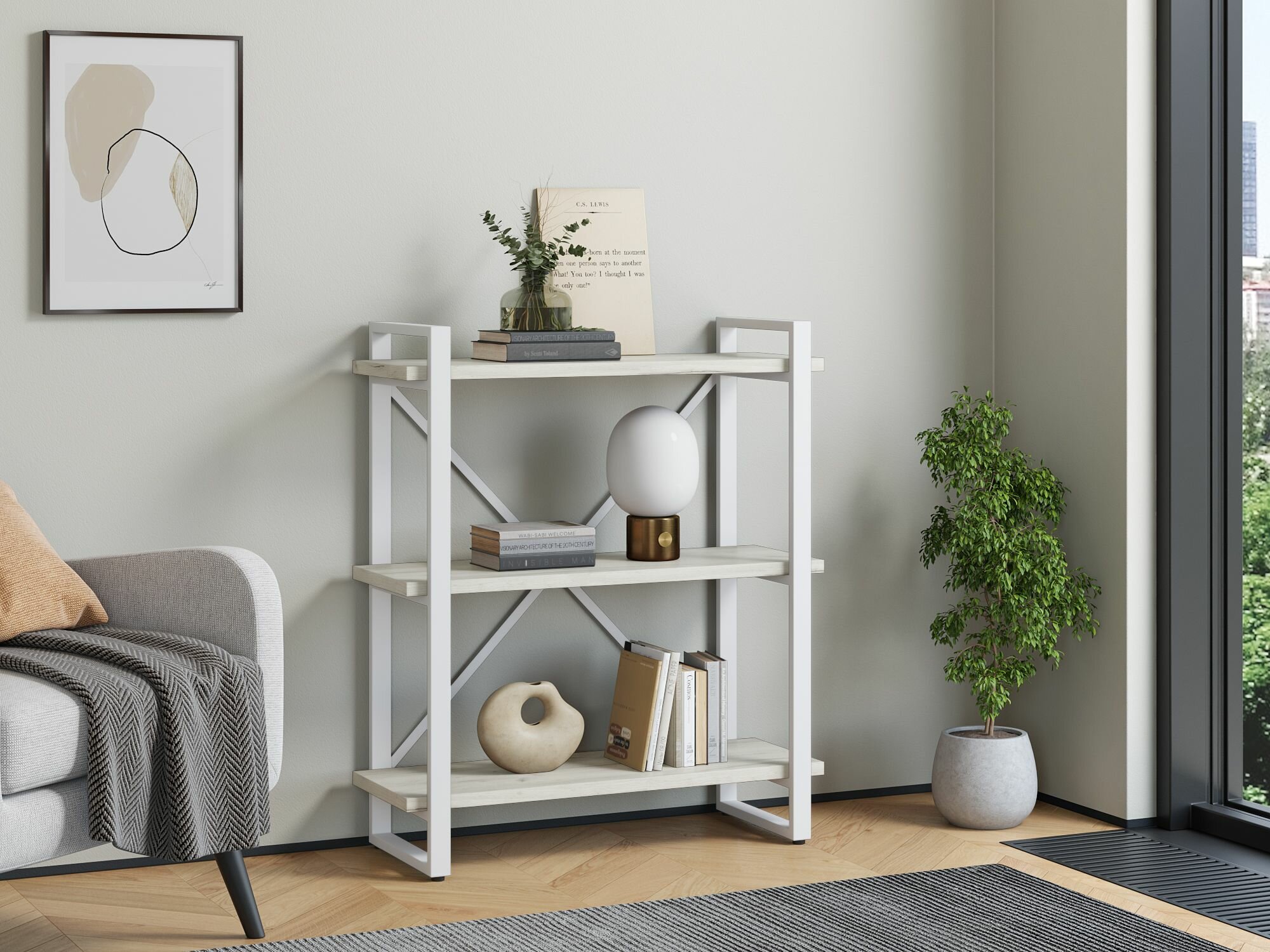 Стеллаж Айсберг Лофт 80х102-2 белый/дуб крафт белый