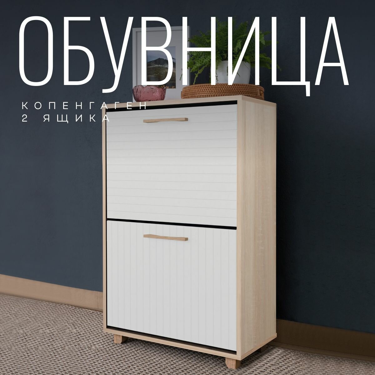 Обувница Копенгаген 2 ящика ЛДСП Дуб сонома / МДФ Белый матовый 95х60х30