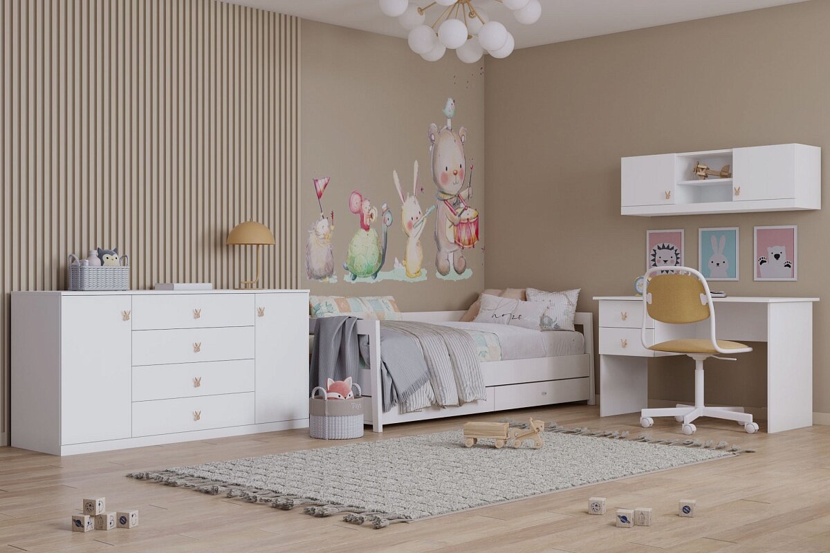 Детская стенка МебельЛэнд24 Банни Mini - 9 Белый 280x60x80 с комодом со столом