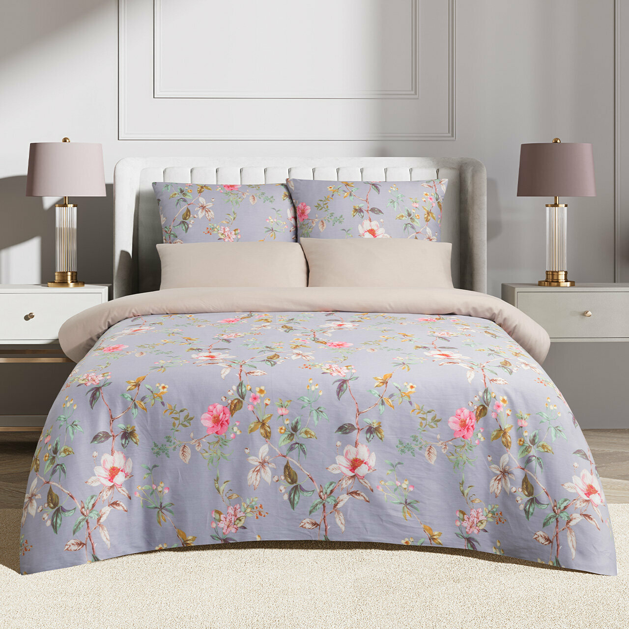 Постельное белье 2-спальный с резинкой Гармоника "Суланж", сатин, (100% хлопок), сиреневый, бежевый, Ecotex